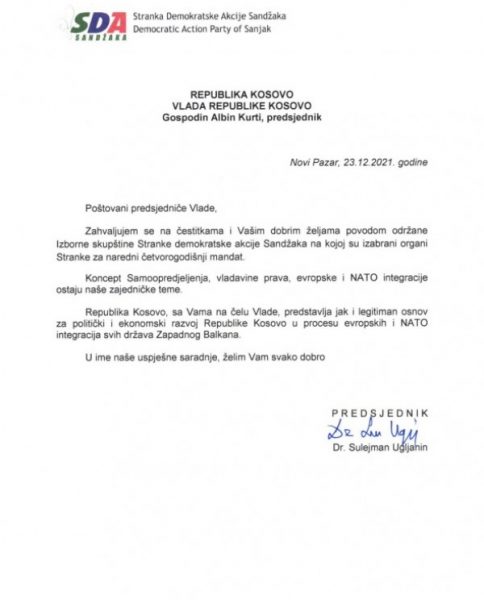 Kurti merr letër falënderimi nga Sulejman Ugljanin - Gazeta Express