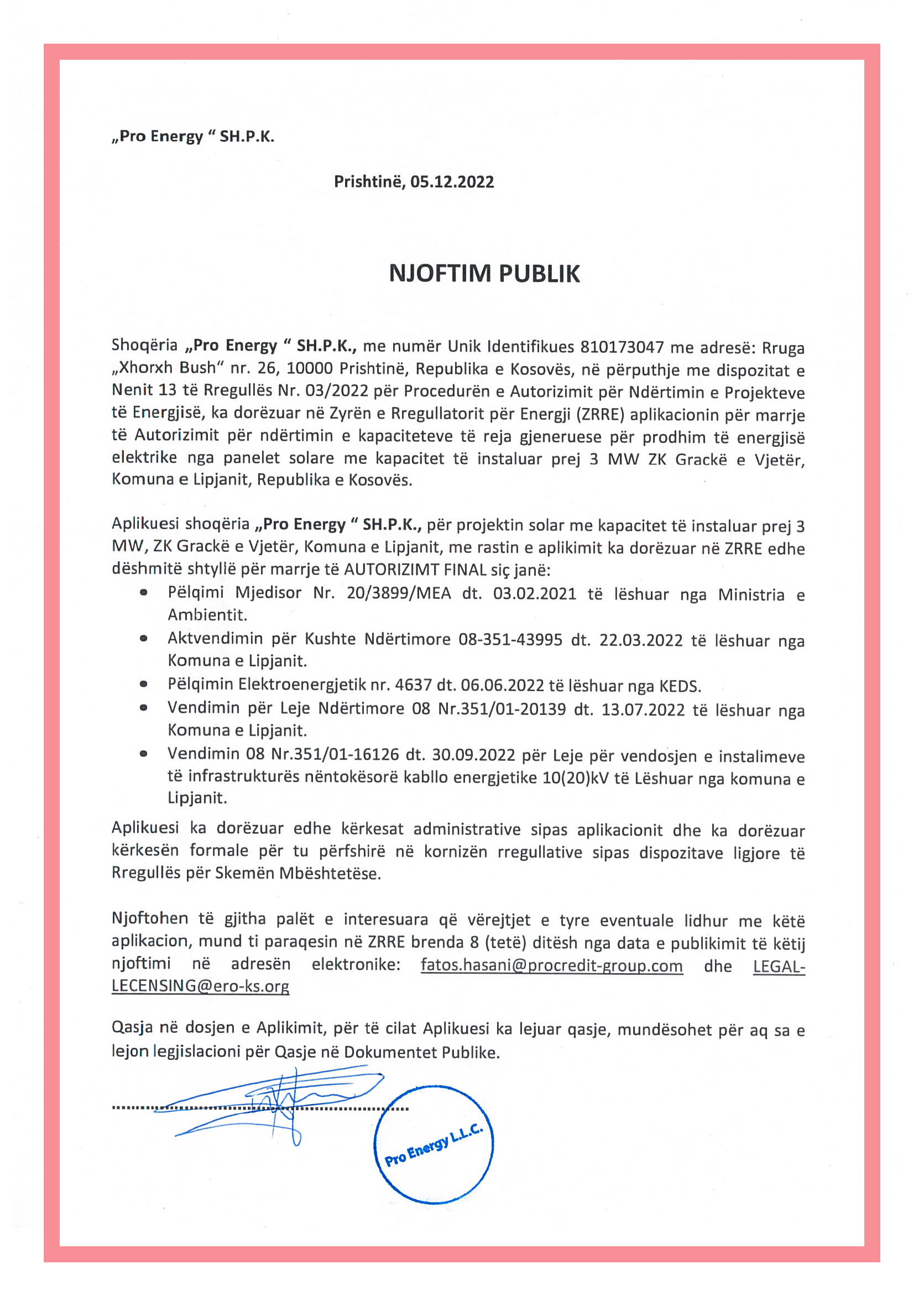 Njoftim nga "Pro Energy" SH.P.K. - Gazeta Express