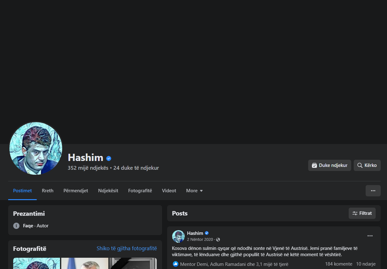 Faqja zyrtare e ish-presidentit Hashim Thaçi në Facebook është hakuar ...