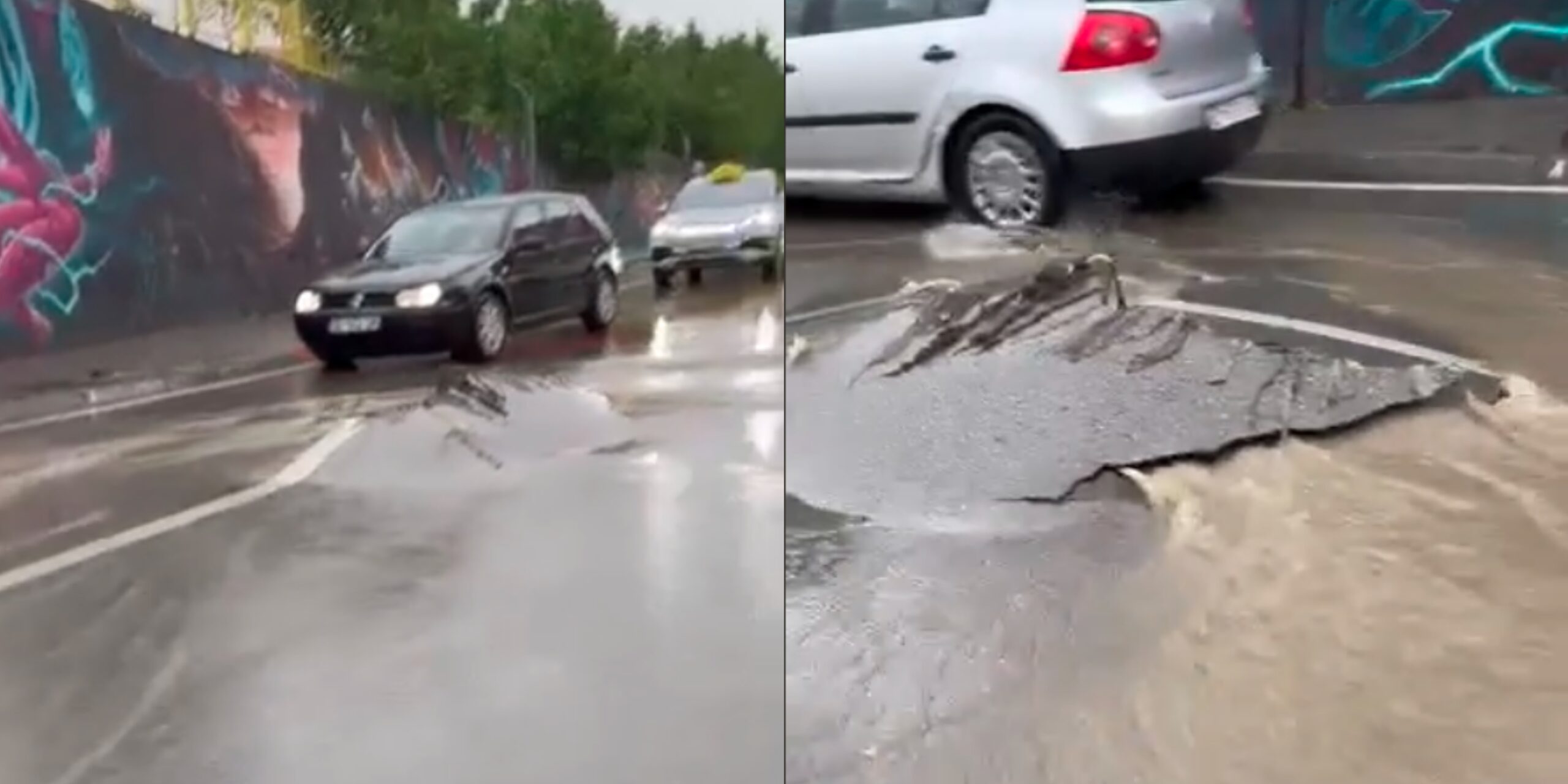 Reshjet e mëdha të shiut e çajnë asfaltin në Rrugën B në Prishtinë ...