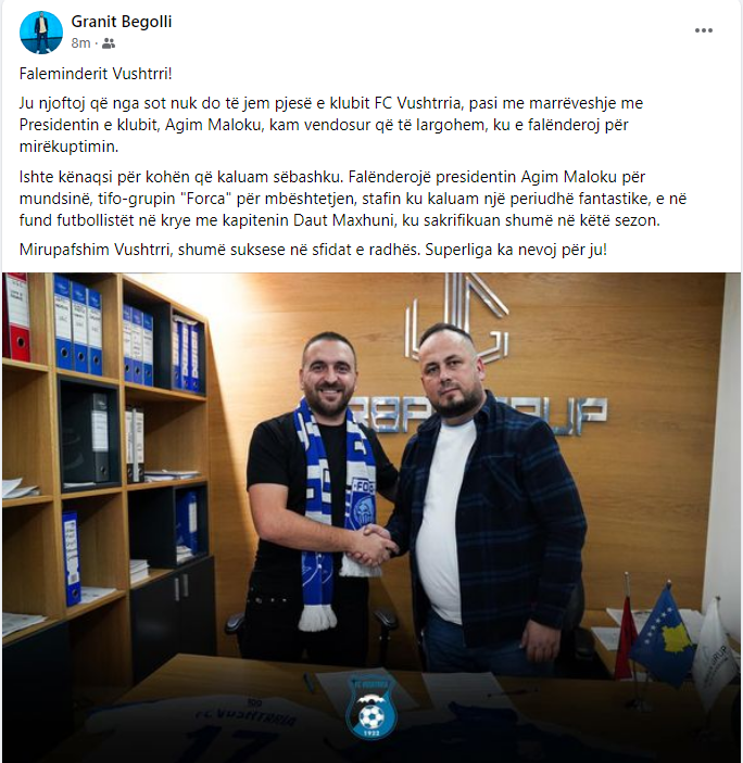 Granit Begolli ndahet me Vushtrrinë - Gazeta Express