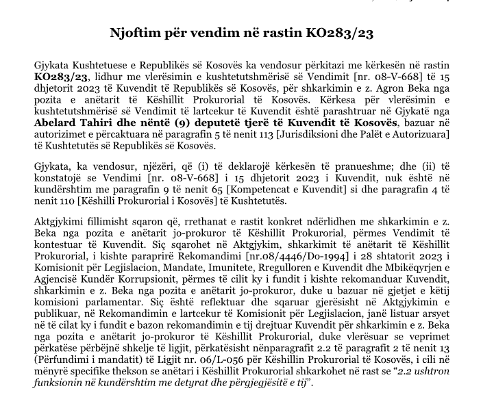 Shkarkimi i Agron Bekës nga Kuvendi në vitin 2023, Kushetuesja ia ...
